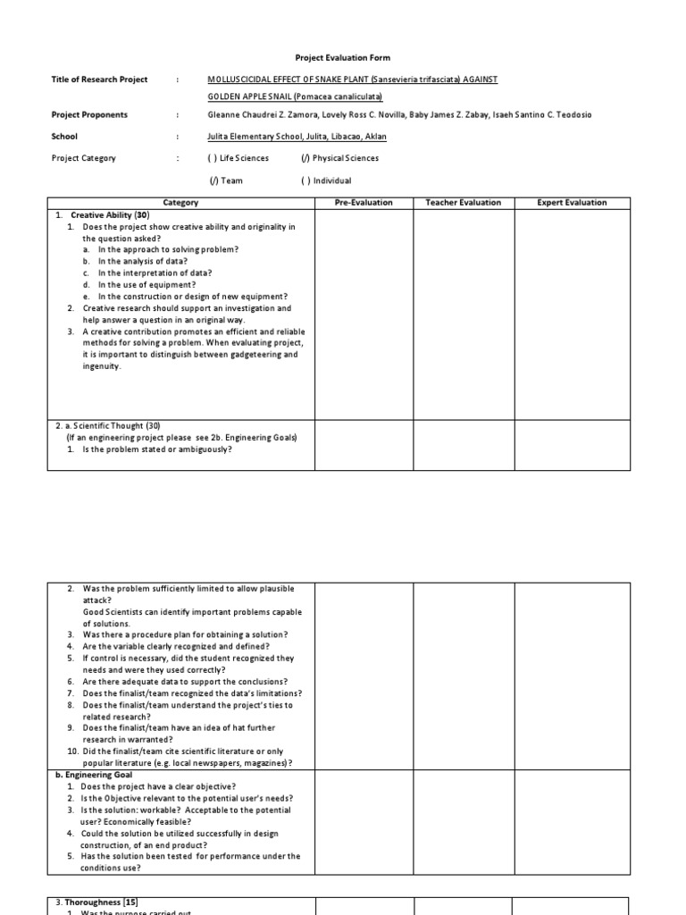 Project Evaluation Form Title of Research Project | PDF | Laboratories ...