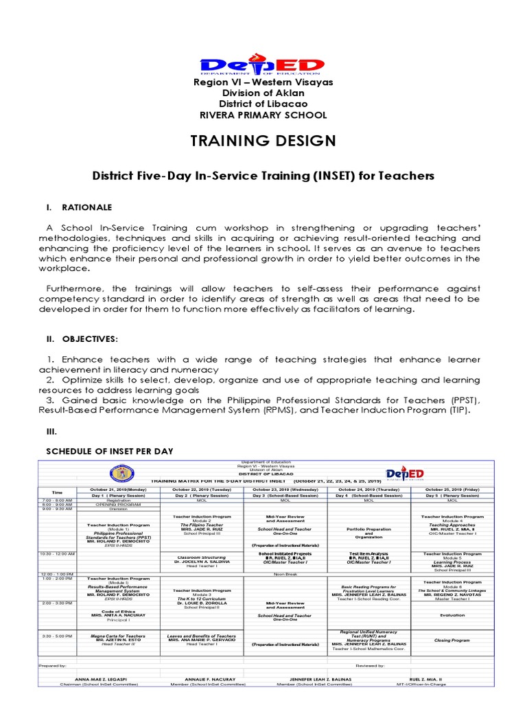 Training Design: District Five-Day In-Service Training (INSET) For ...