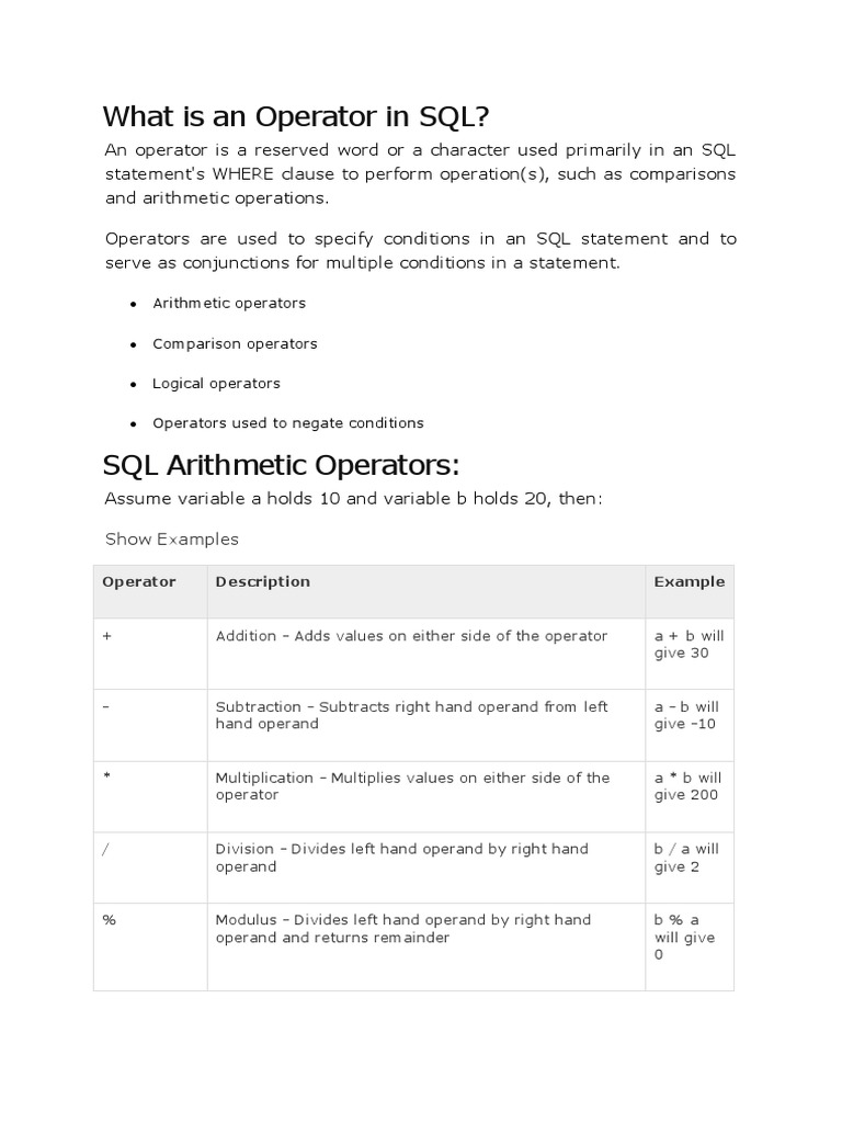 What Is An Operator in SQL? | PDF | Arithmetic | Logic