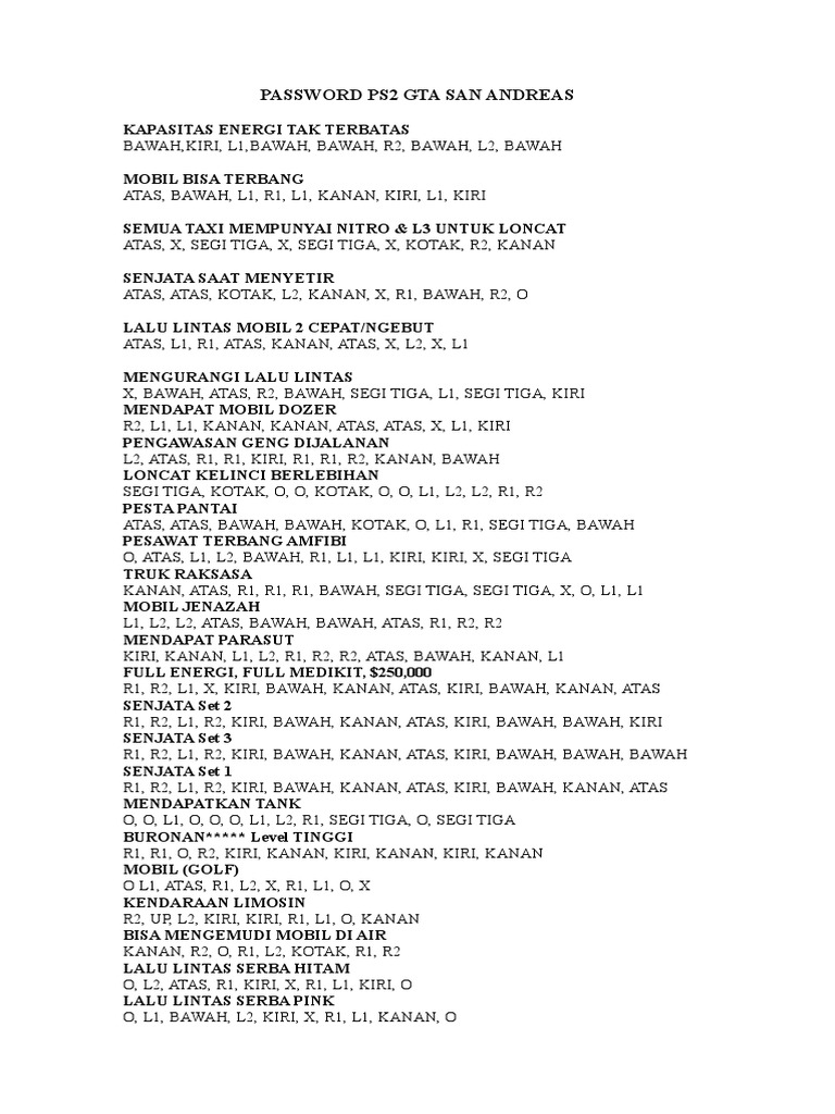 Cheat Mobil GTA San Andreas PS2 | PDF