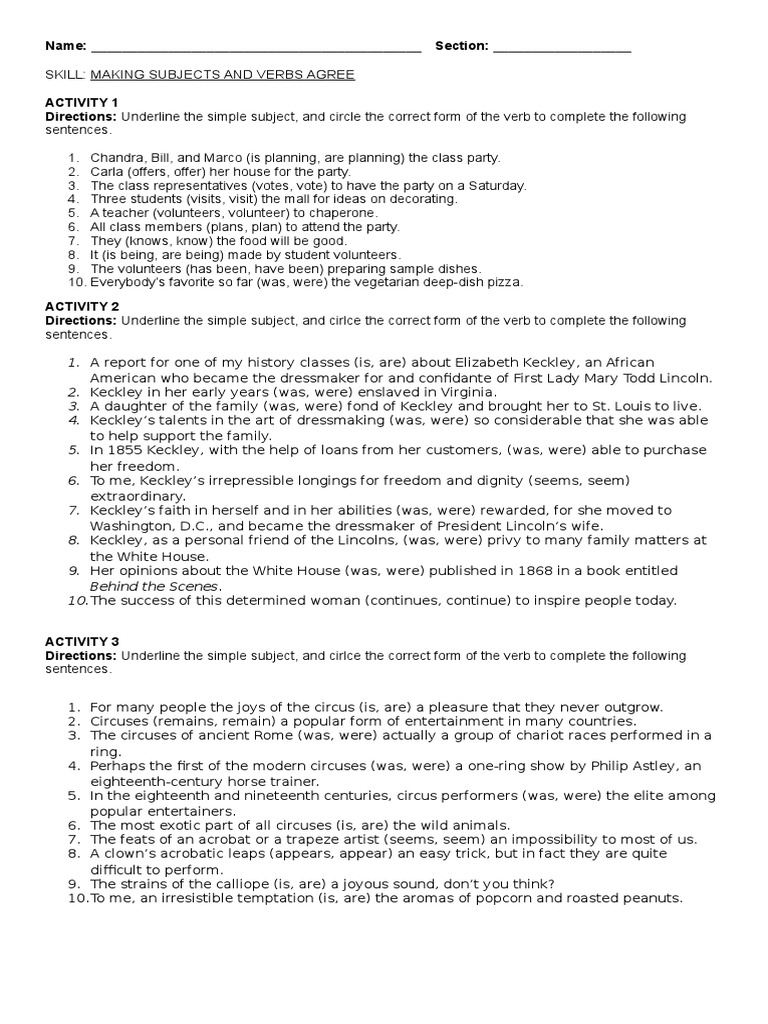 Subject-Verb Agreement Practice: Activities for Identifying Simple ...