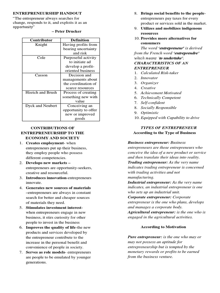 Entrepreneurship Handout | PDF | Entrepreneurship | Business