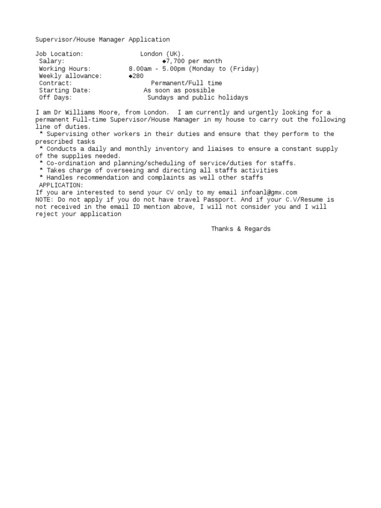 London House Manager Job Offer | PDF | Career & Growth