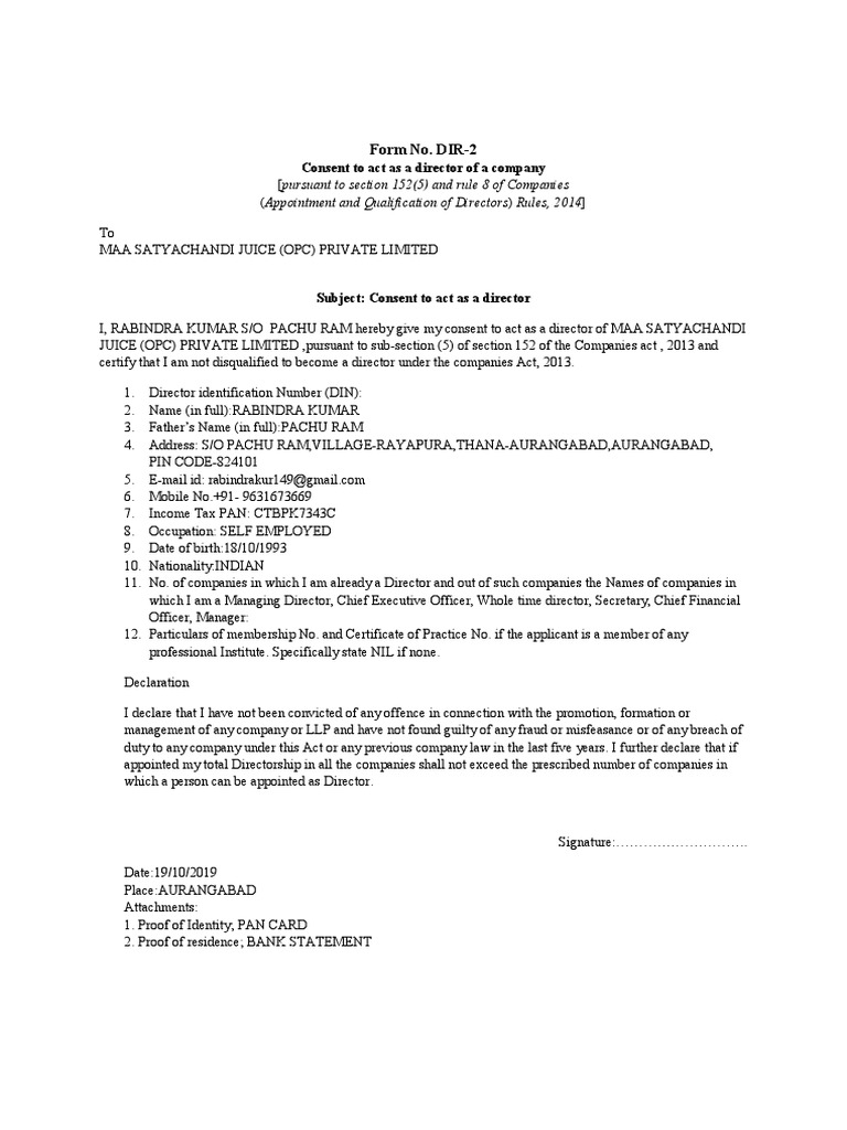 Director Consent Form DIR-2 for MAA SATYACHANDI | PDF