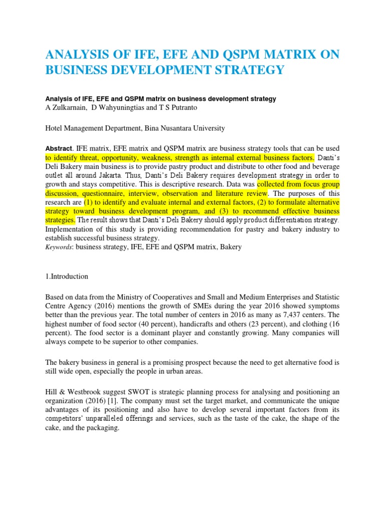 Analysis of Ife, Efe and QSPM Matrix On Business Development Strategy ...
