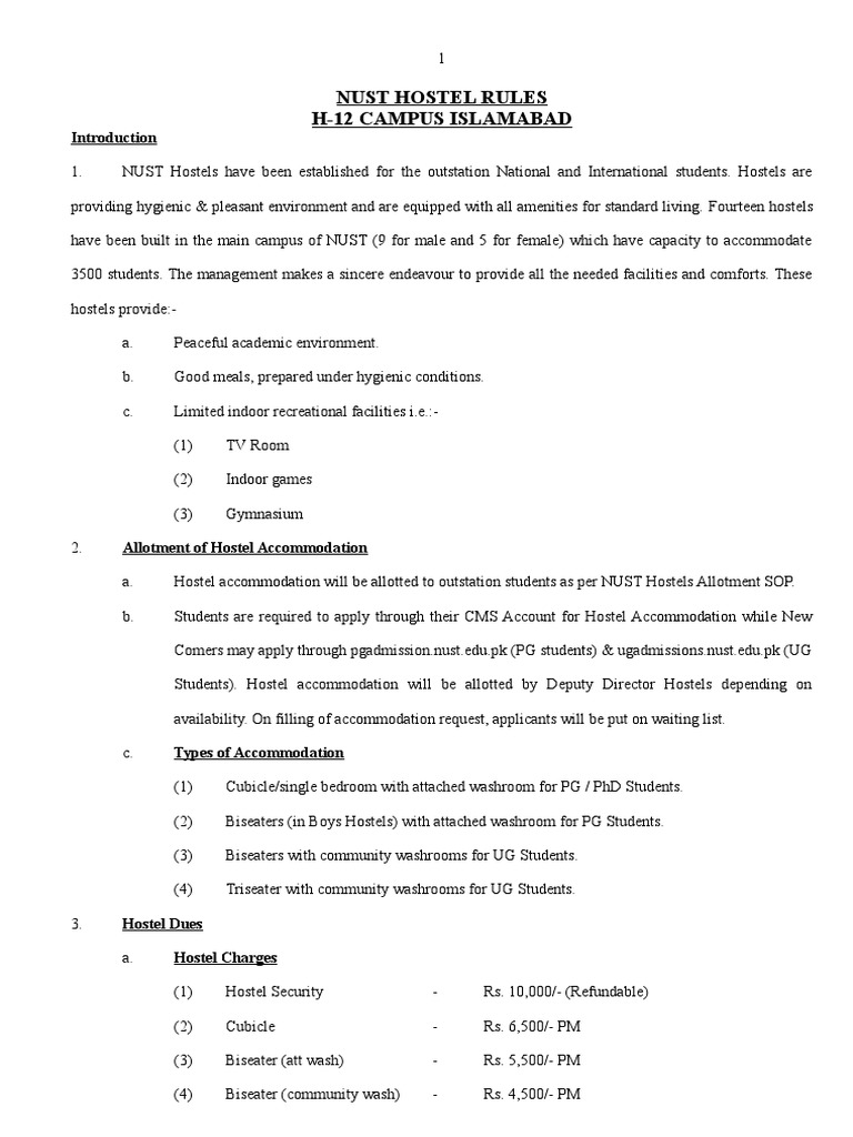 Nust Hostel Rules H-12 Campus Islamabad | PDF | Hostel | Public Toilet