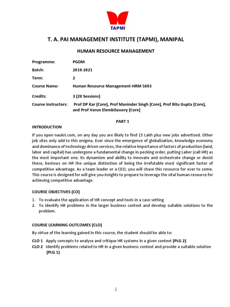 HRMT - Course Outline PGDM 2019 | PDF | Human Resources | Human ...