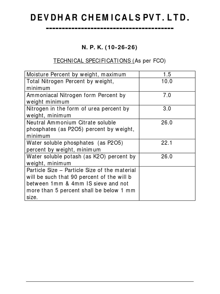 NPK 10-26-26 Fertilizer Specifications | PDF