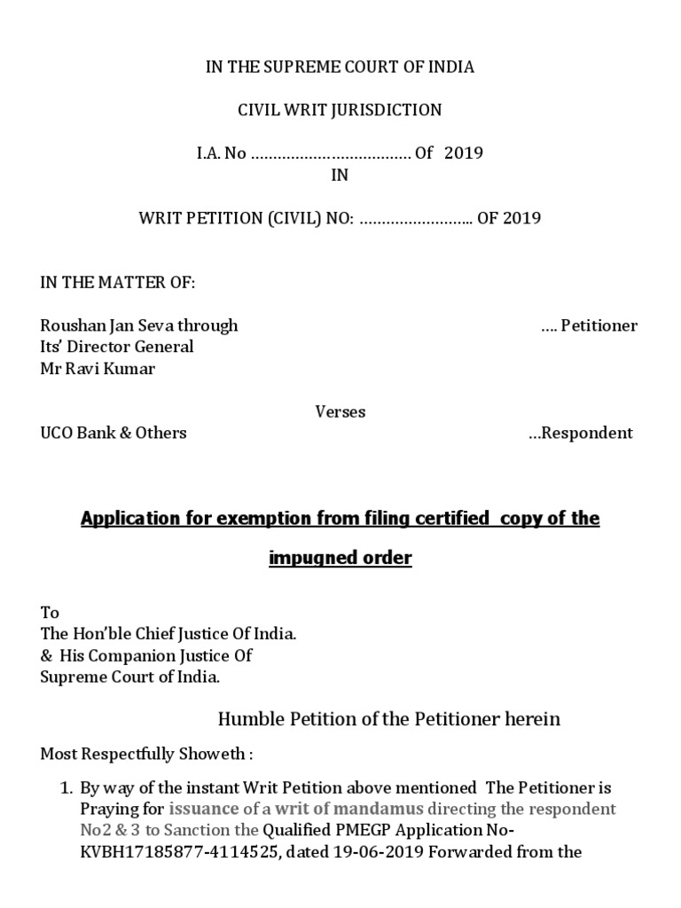 I A Application (For Exeption To Filling) PDF | PDF | Writ | Courts