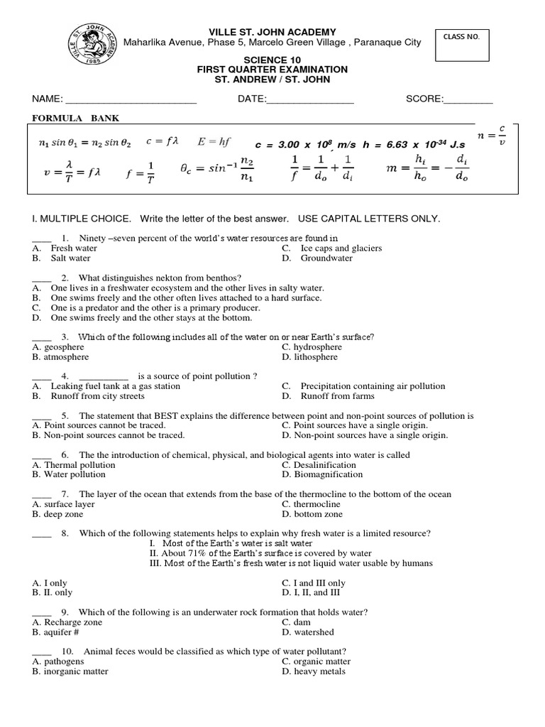 1st Quarter Exam in Science 10 201920 Final | PDF | Electromagnetic ...