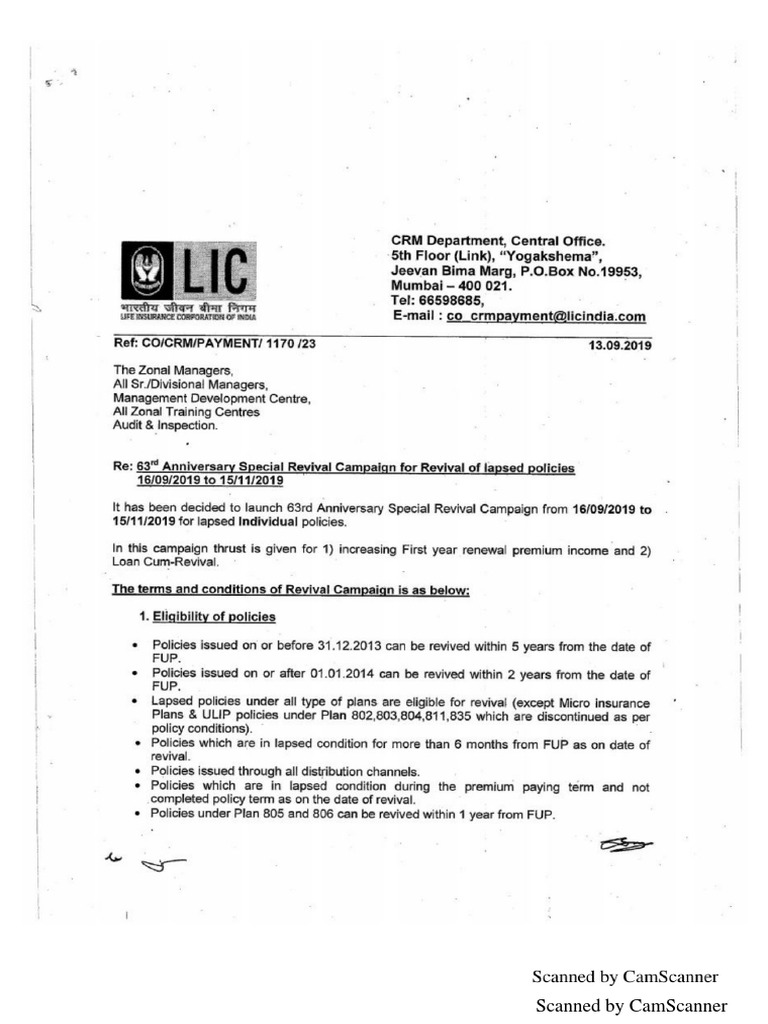 LIC, Revival Campaign Circular | PDF