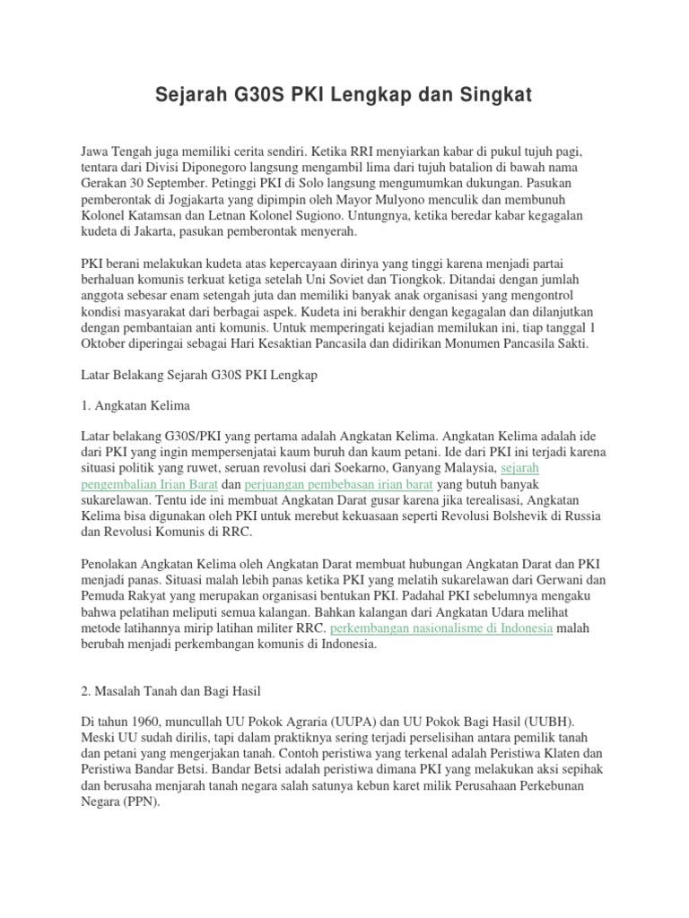 Sejarah G30S PKI Lengkap Dan Singkat | PDF