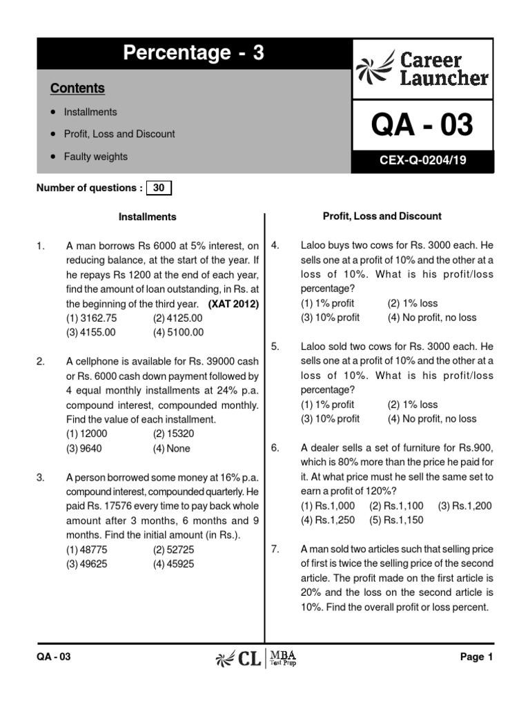 Percentage Practice Questions For CAT | PDF | Percentage | Prices