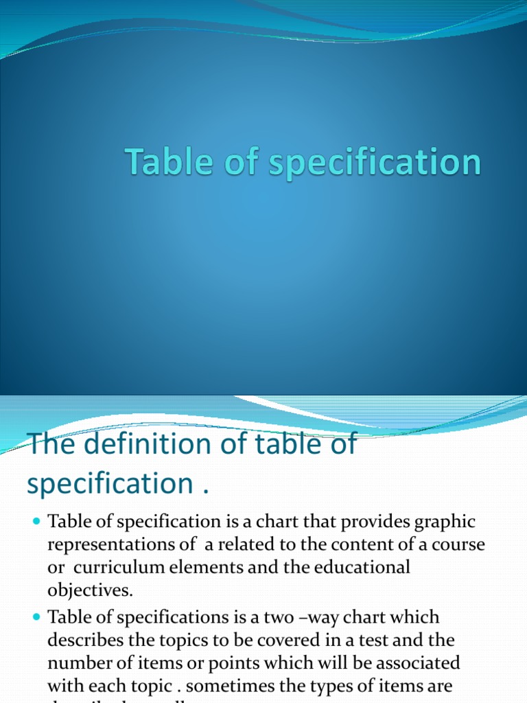 Table of Specification | PDF | Reading Comprehension | Teachers