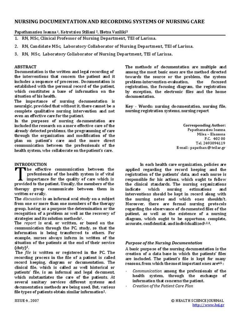 Nursing Documentation and Recording Systems of Nursing Care | PDF ...
