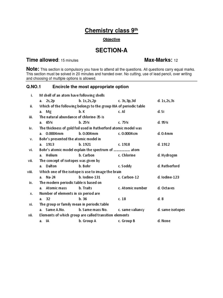 Chemistry Class 9th Obj | PDF