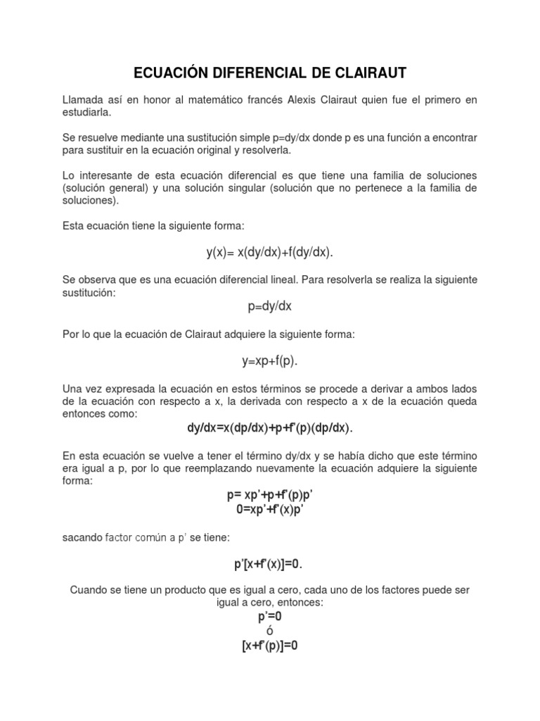 Tarea 1. Ecuación Diferencial de Riccati y Ecuación de Clairaut | PDF ...