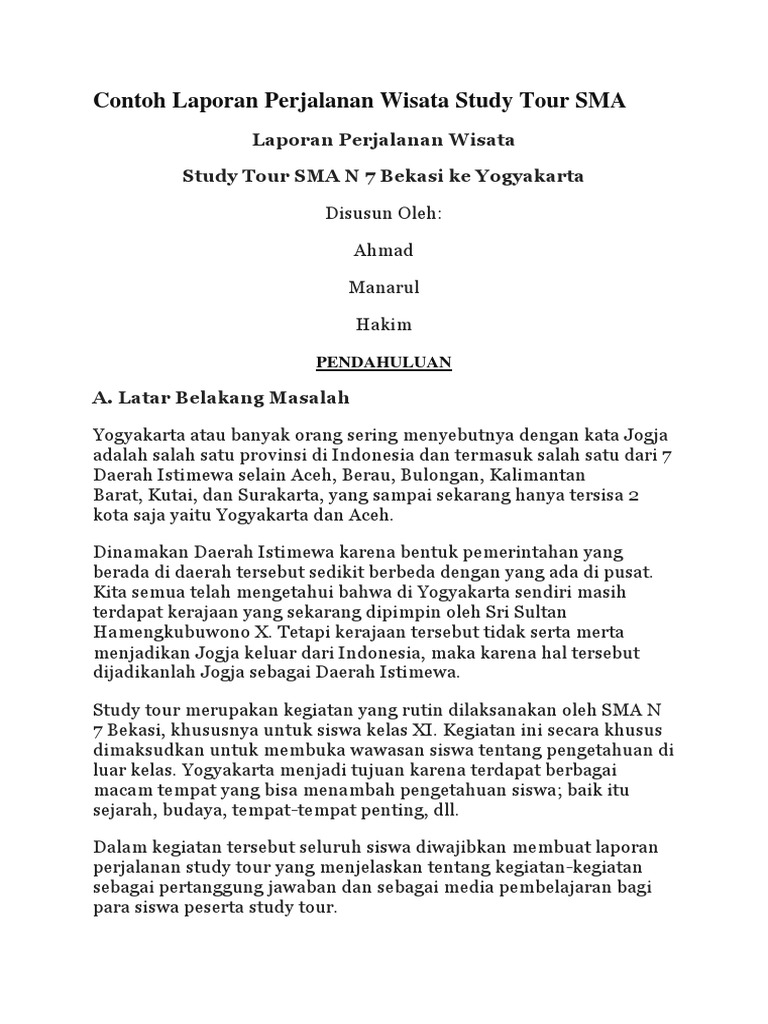 Contoh Laporan Perjalanan Wisata Study Tour SMA | PDF