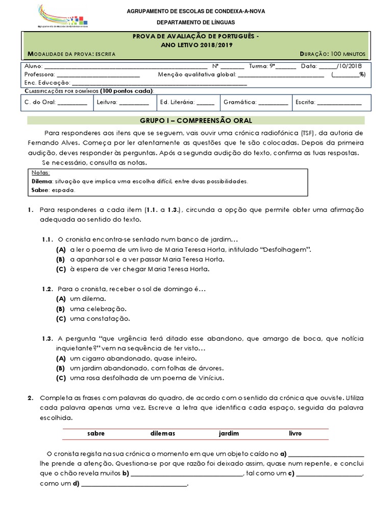 Teste 9º Ano Pdf Adolescência Assunto Gramática