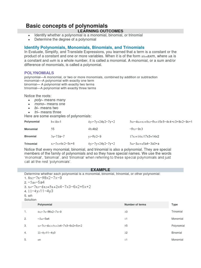 Basic Concepts of Polynomials | PDF | Polynomial | Theoretical Computer ...