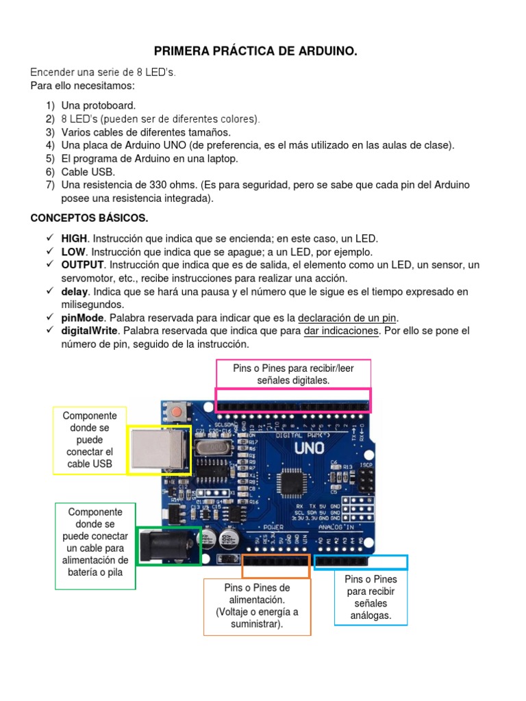 Práctica de Arduino. (8 LEDS) | Descargar gratis PDF | Arduino | Diodo emisor de luz