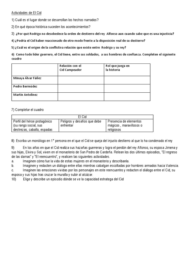 Actividades de El Cid A4 1 Juego | PDF | Libros para adolescentes