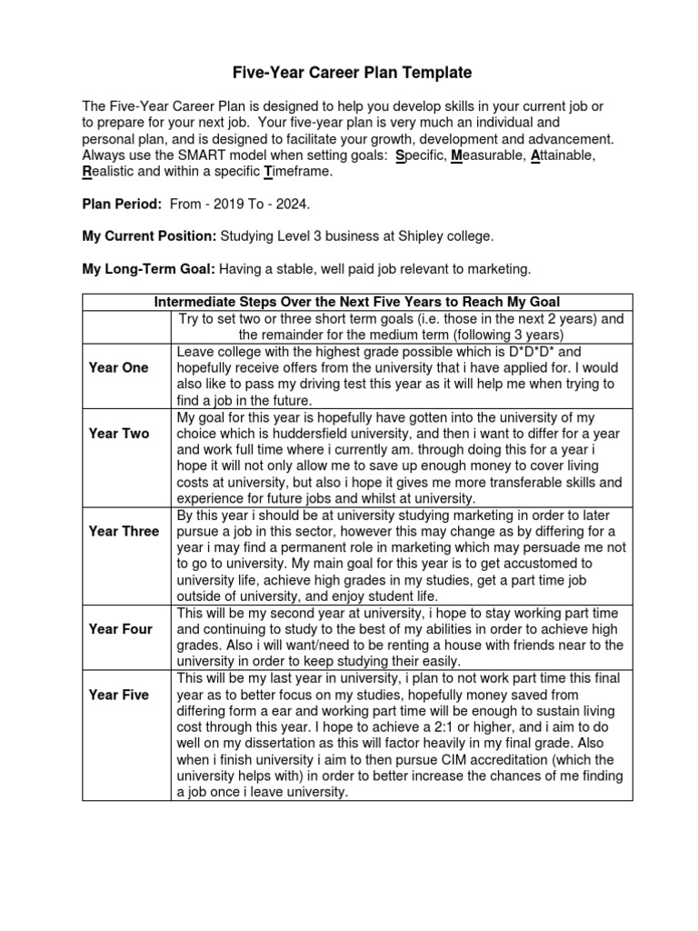 Five-Year Career Plan Template | PDF | Goal | University