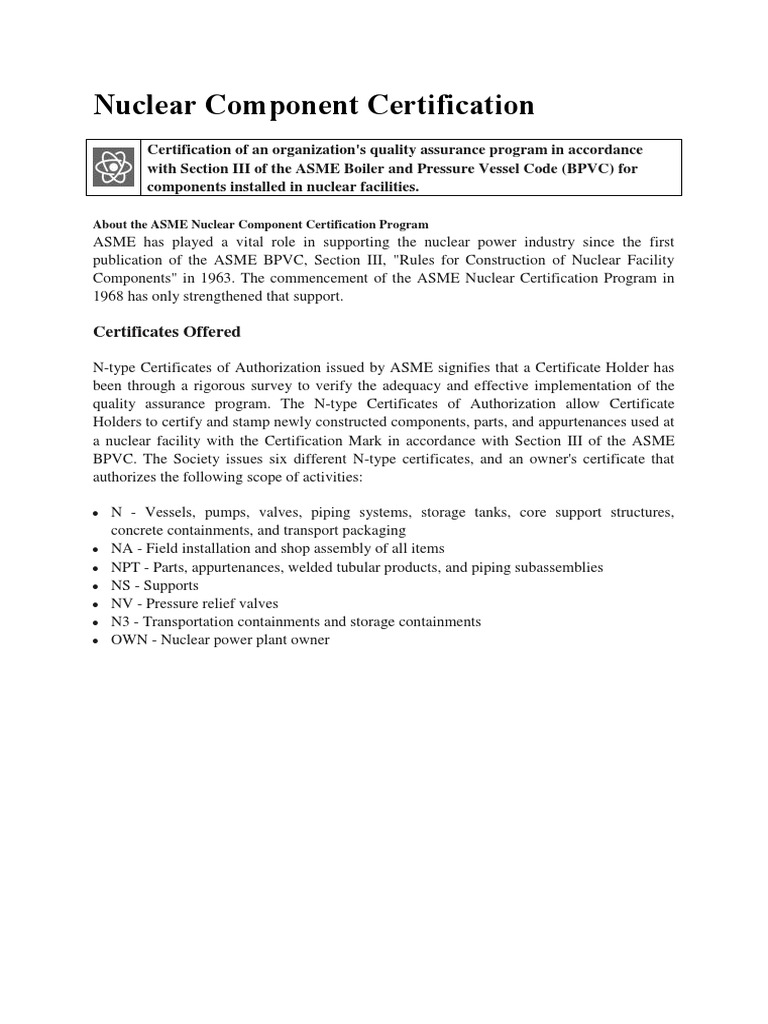 ASME Nuclear Component Certification | PDF