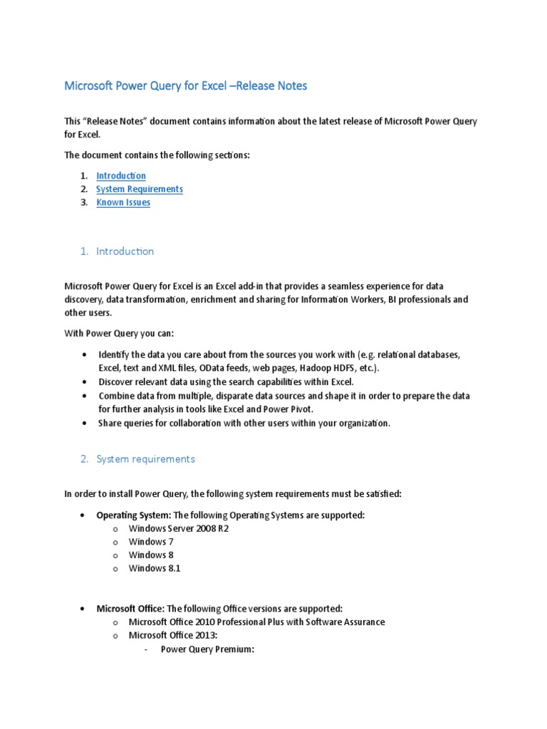 Microsoft Power Query For Excel - Release Notes: System Requirements ...
