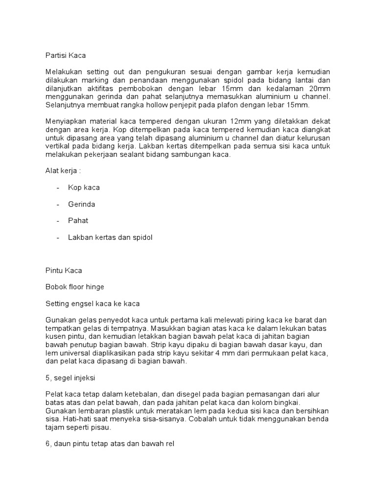Metode Kerja Partisi Kaca Dan Pintu Kaca | PDF