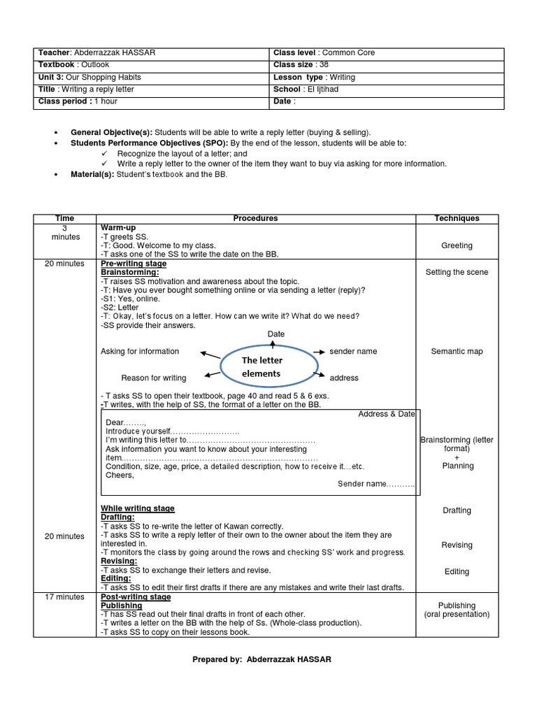 Writing a Reply Letter Lesson Plan | PDF | Textbook | Behavior Modification