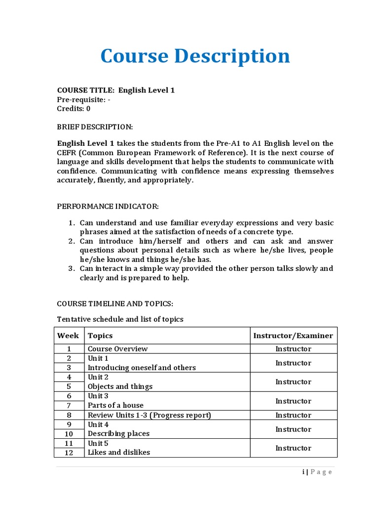 Course Description: COURSE TITLE: English Level 1 | PDF | Teaching ...