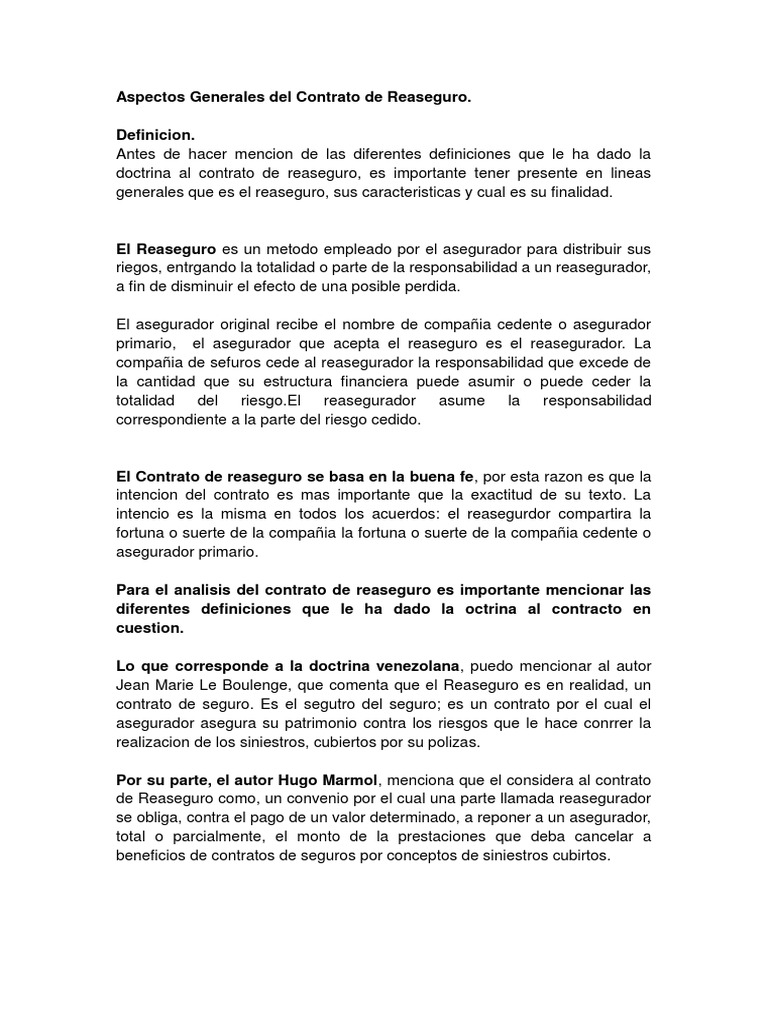 Aspectos Generales Del Contrato de Reaseguro | PDF | Reaseguro | Póliza de seguros