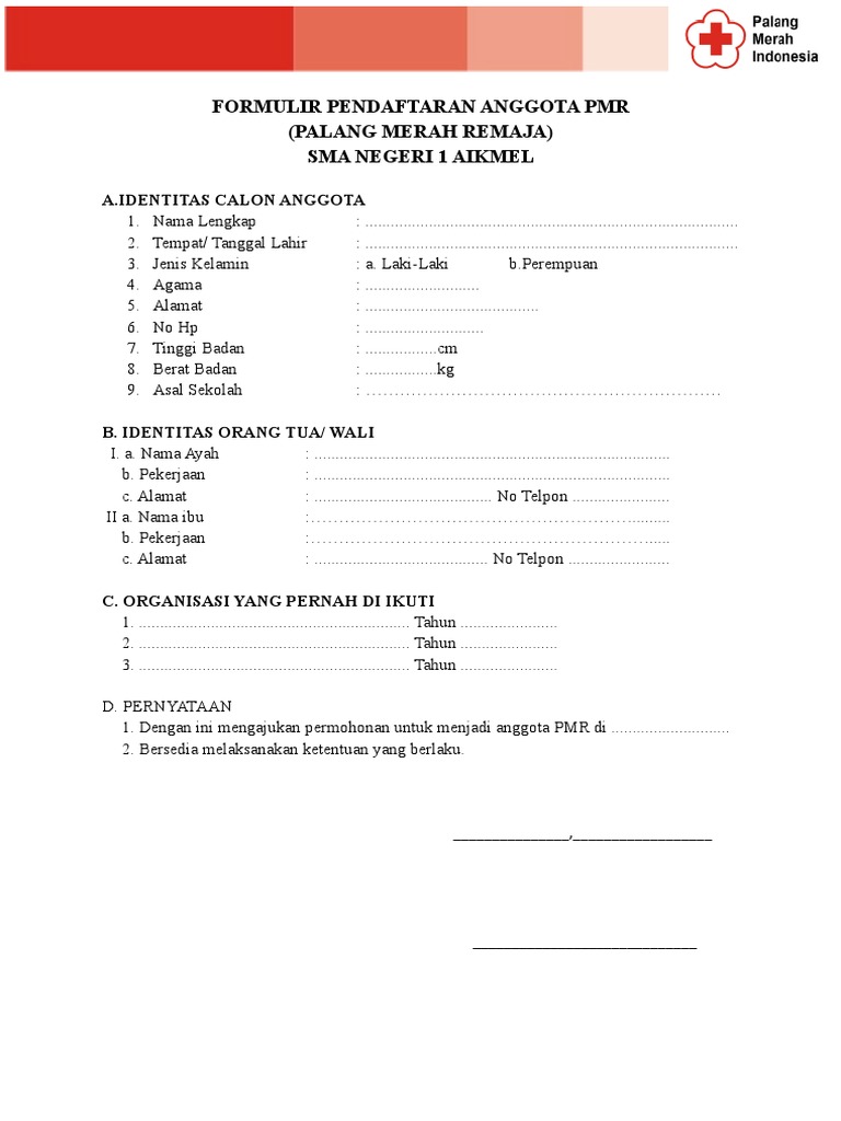 Formulir Pendaftaran Anggota PMR | PDF