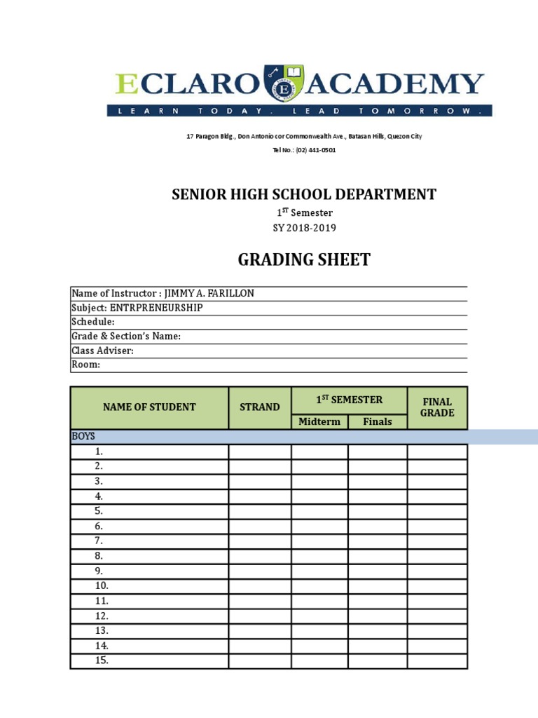 SHS Entrepreneurship Grading Sheet | PDF