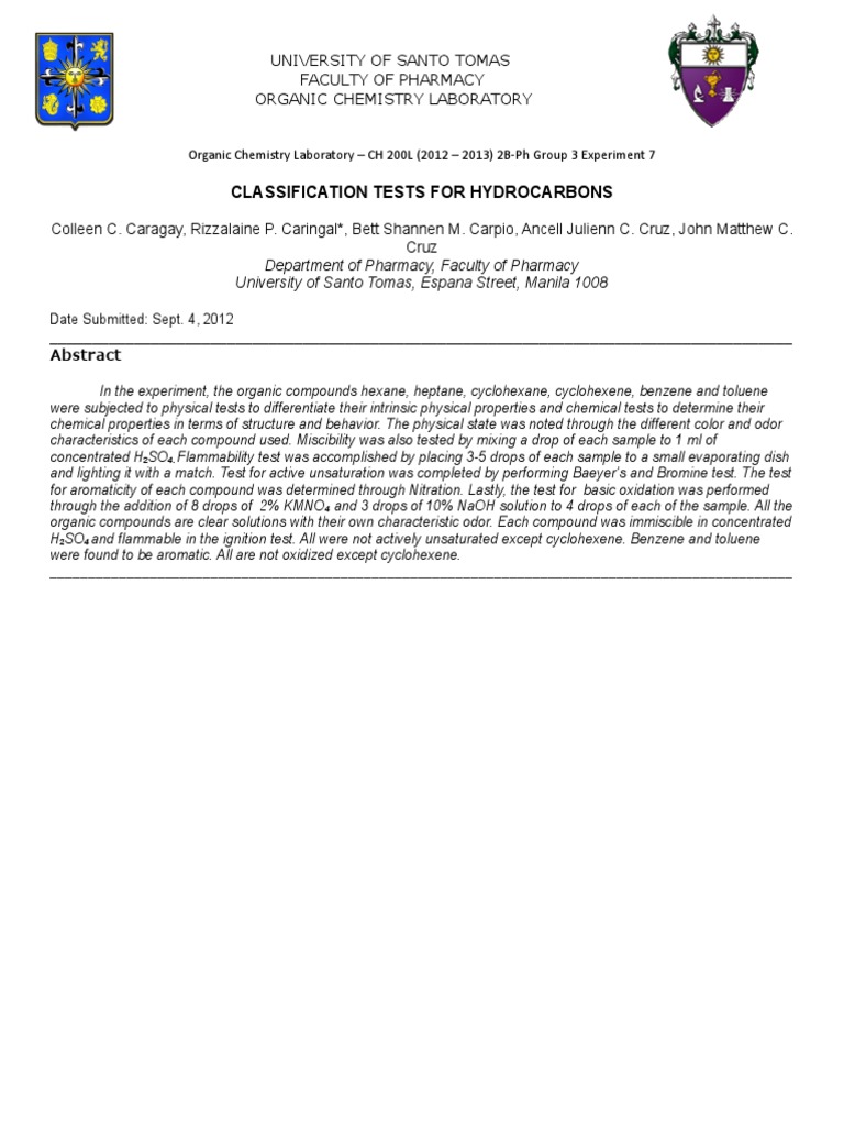 Expt 7 Classification Tests For Hydrocarbons | PDF | Alkene | Hydrocarbons