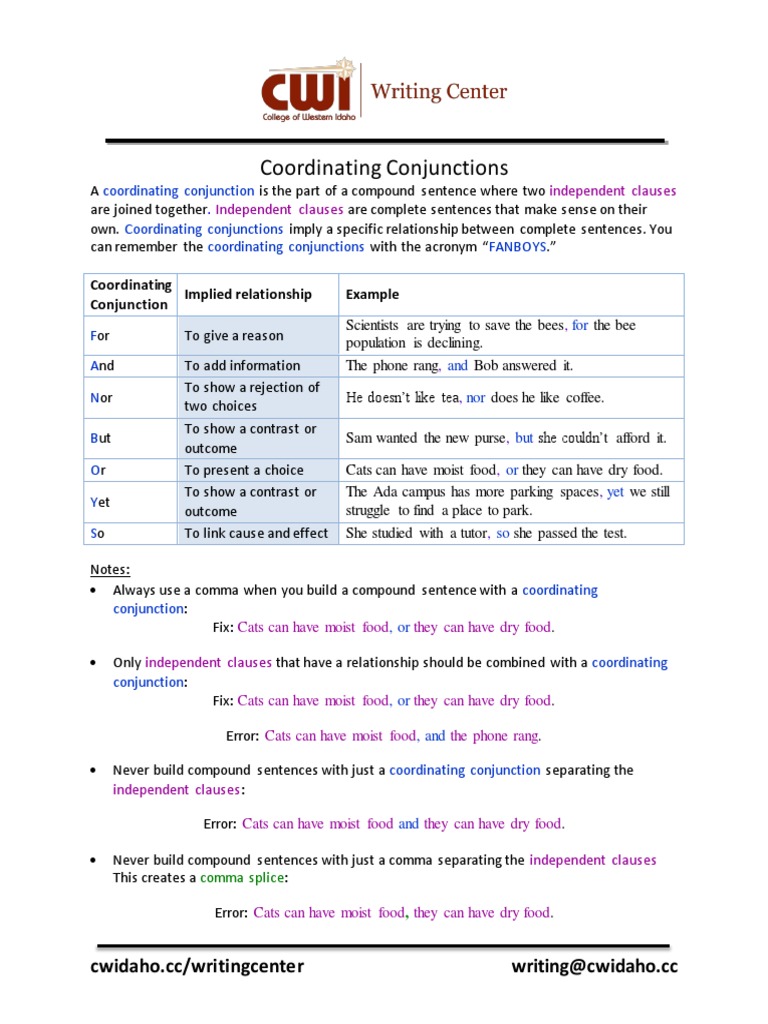 Coordinating Conjunction Coordinating Conjunctions Coordinating Conjunctions Fanboys | PDF ...