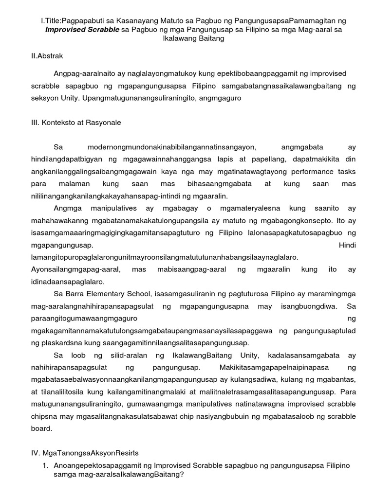 Epektibong Paggamit NG Improvised Scrabble Sa Pagbuo NG Mga Pangungusap ...