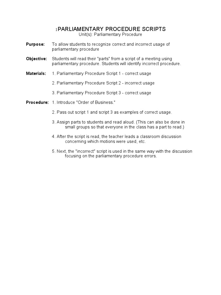 Parliamentary Procedure Meeting Scripts | PDF | Chairman | Public Sphere