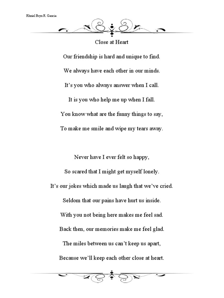 Close at Heart: A Friendship Poem | PDF | Home & Garden | Poetry