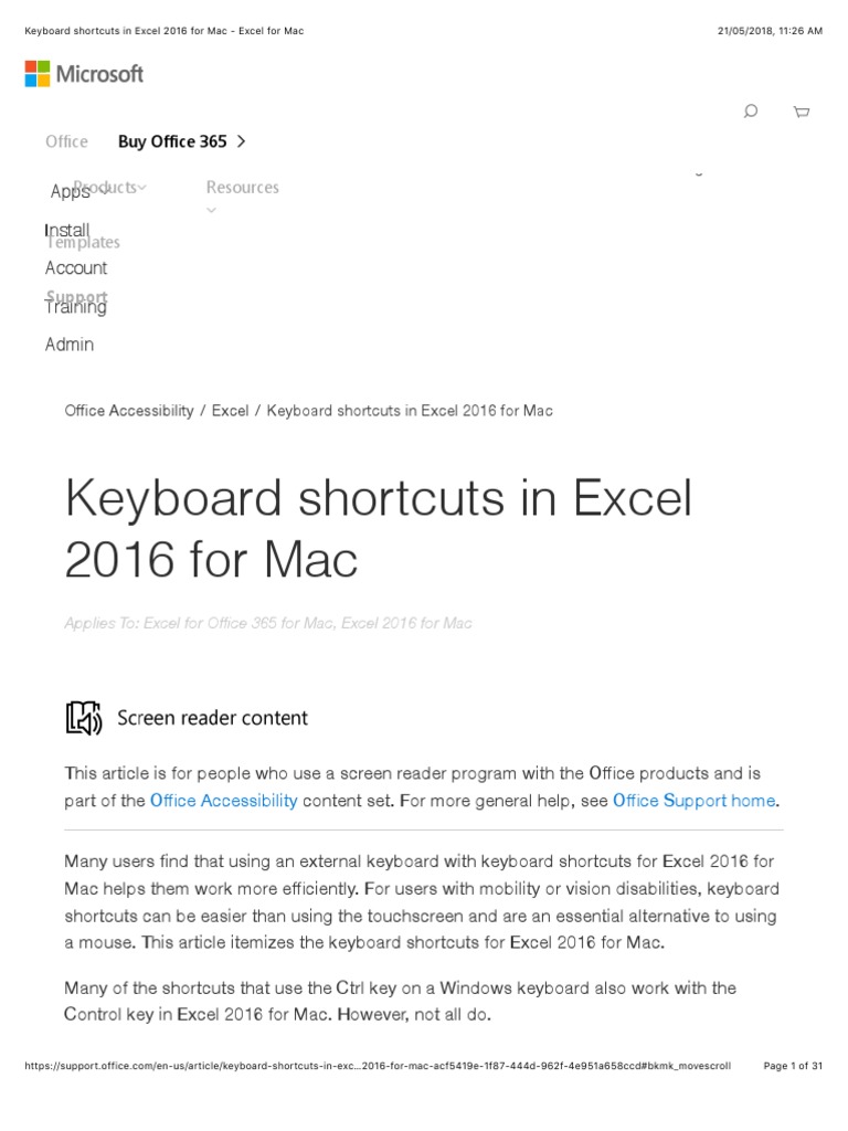 Keyboard Shortcuts in Excel 2016 For Mac - Excel For Mac | PDF ...