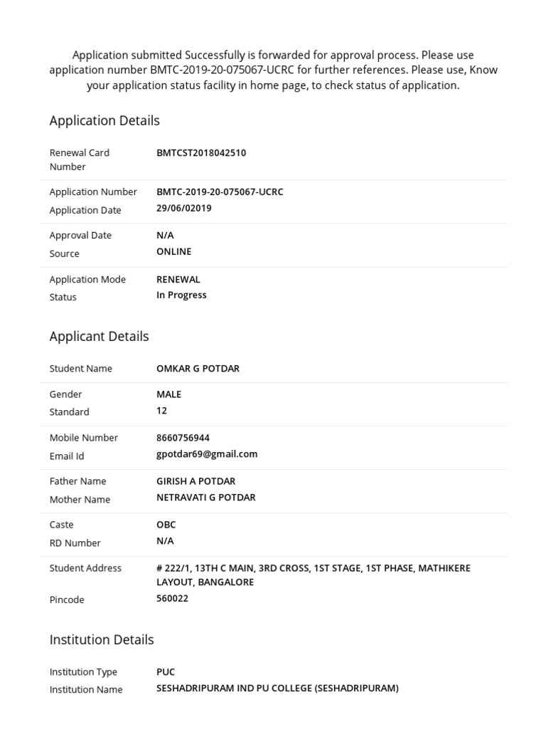 Application Details: Renewal Card Number Application Number Application ...
