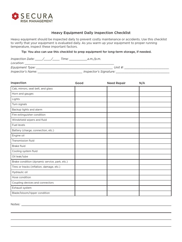 Heavy Equipment Inspection Checklist | PDF