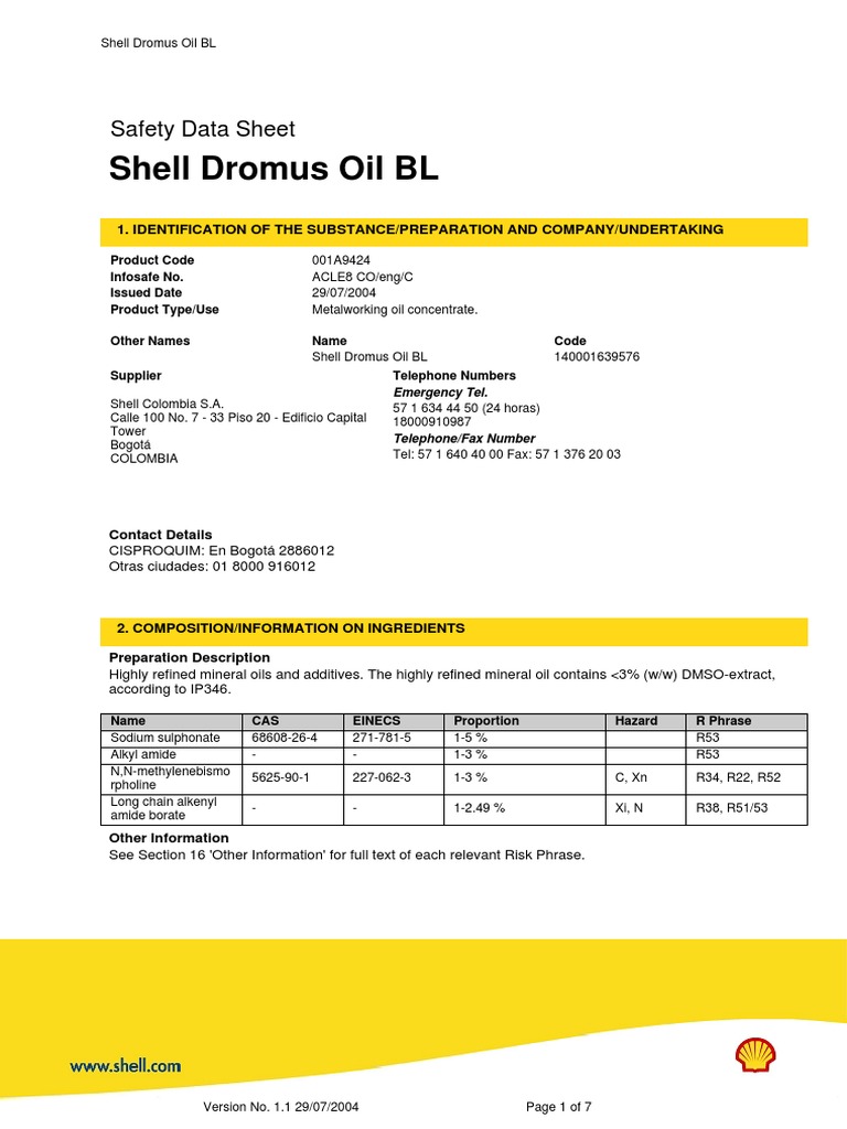 Shell Dromus Oil BL Safety Sheet | PDF | Dangerous Goods | Toxicity