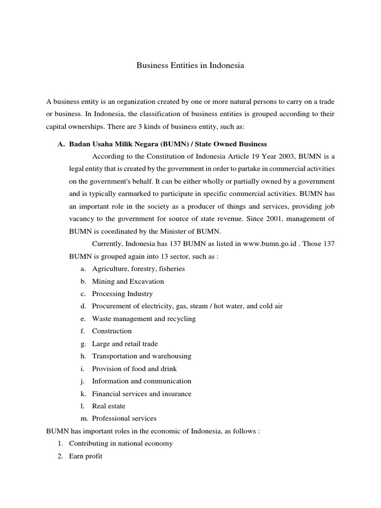 Business Entities in Indonesia: A. Badan Usaha Milik Negara (BUMN ...