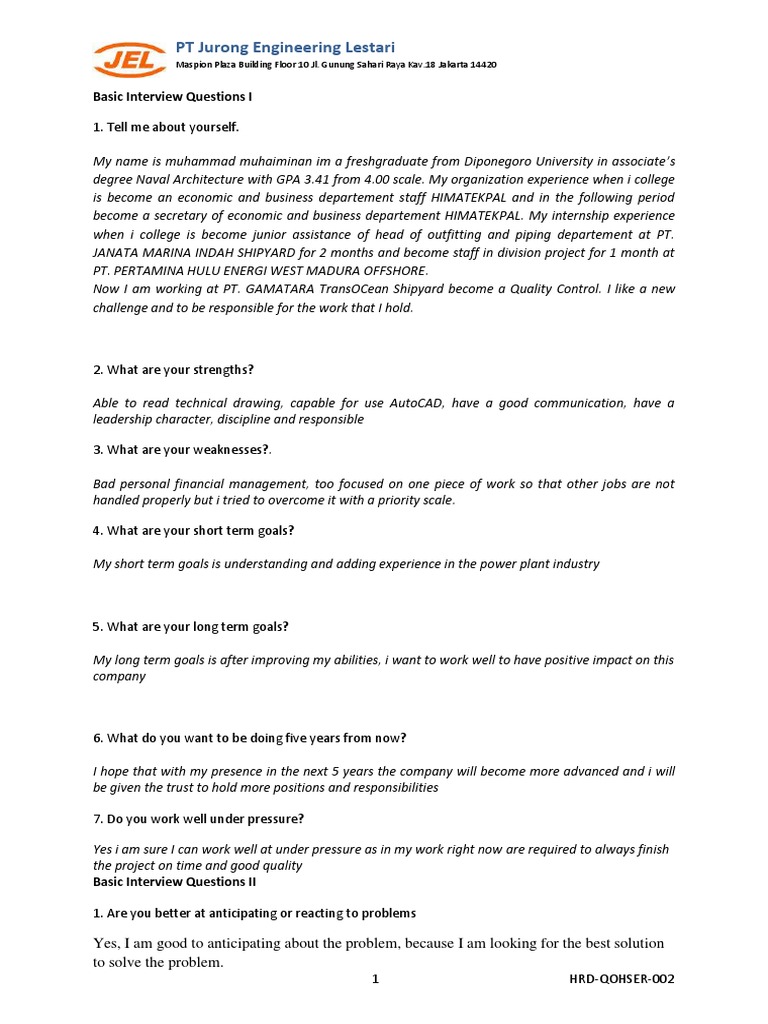 PT Jurong Engineering Lestari: Basic Interview Questions I | PDF | Business