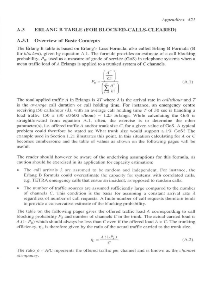 A.J Erlang B Table (For Blocked Calls Cleared) A.3.J O/'erview of Basic ...