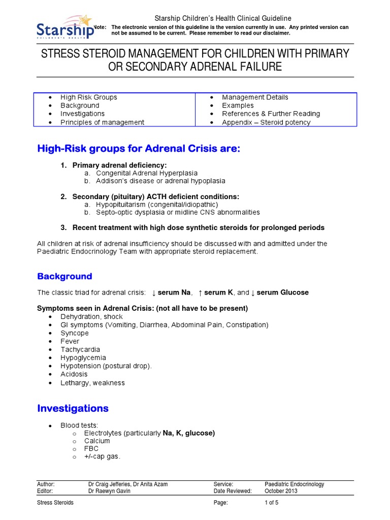 Stress Steroid Management For Children With Primary or Secondary ...