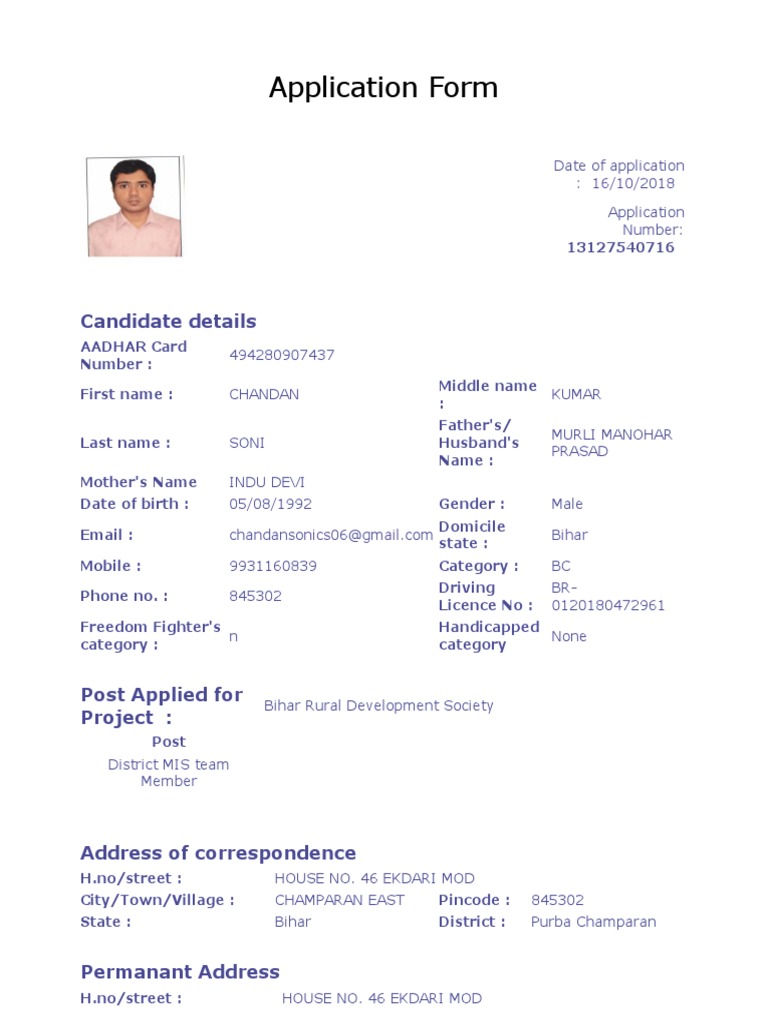 A Detailed Application for the Post of District MIS Team Member with ...