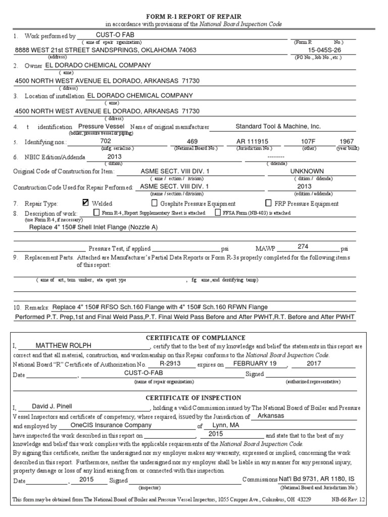 Cust-O Fab: Form R-1 Report of Repair | PDF | Business